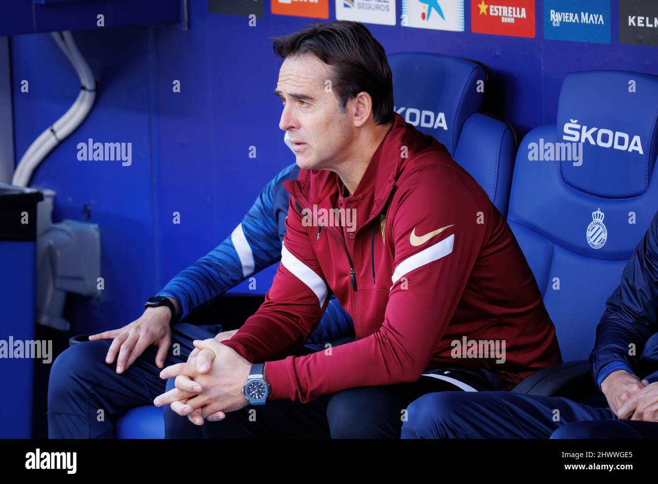 BARCELONA - FEB 20: The manager Julen Lopetegui sits on the bench ...