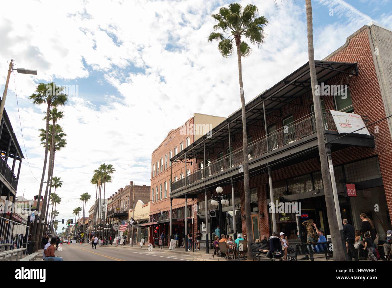 View of shops and restaurants in Ybor City early during the day of the ...