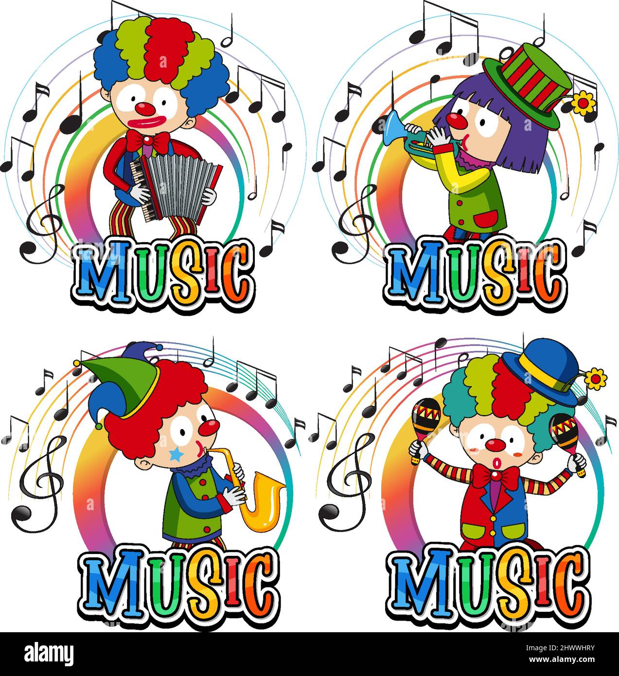 Set happy clown playing musical instruments with music notes on white ...
