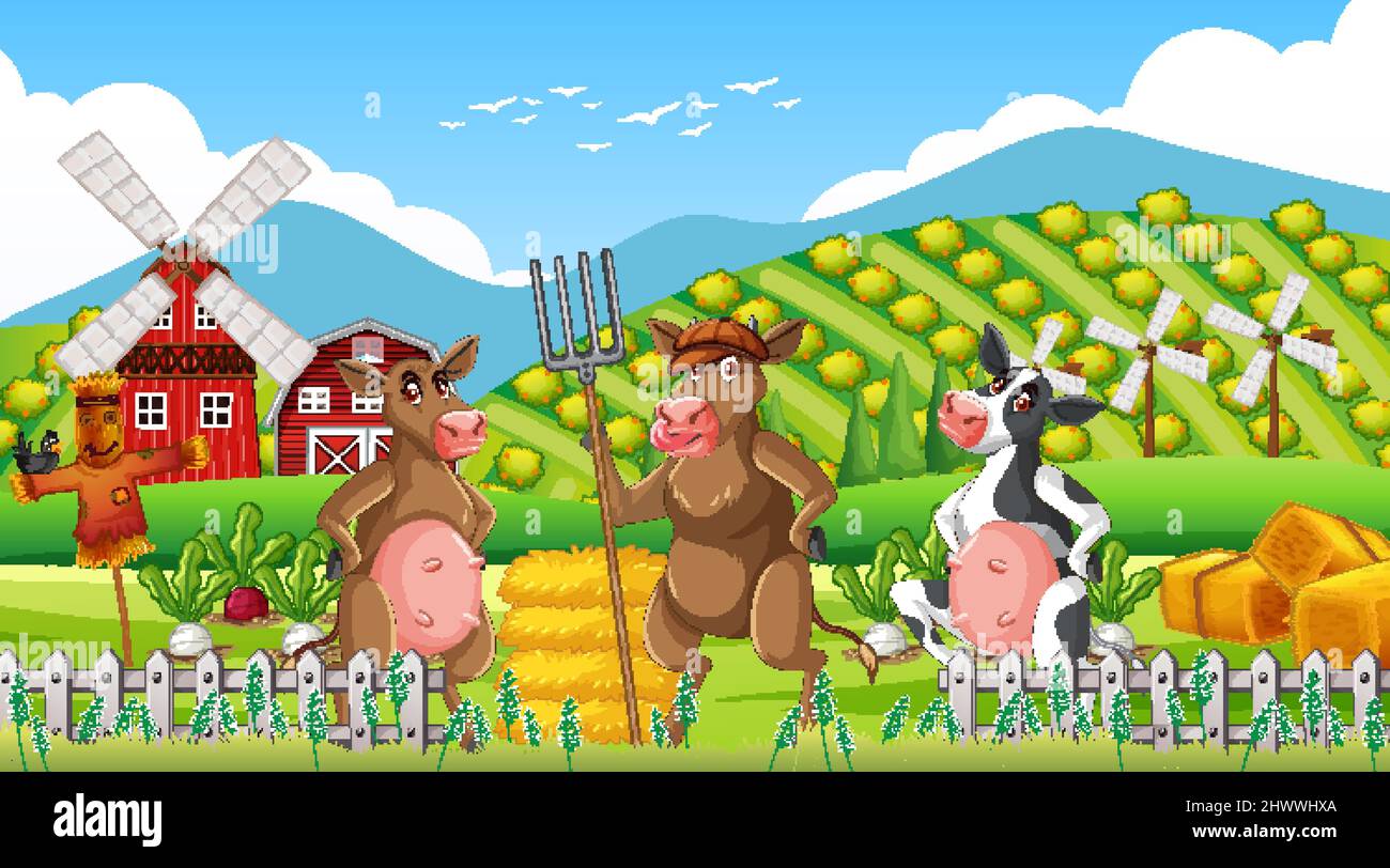 Scene with farm animal on the farm illustration Stock Vector Image ...