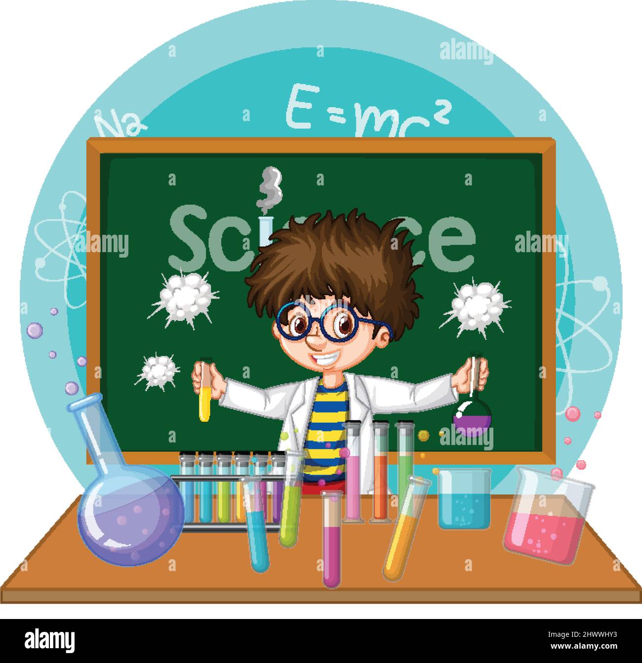 Scientist man cartoon character with laboratory equipments illustration ...