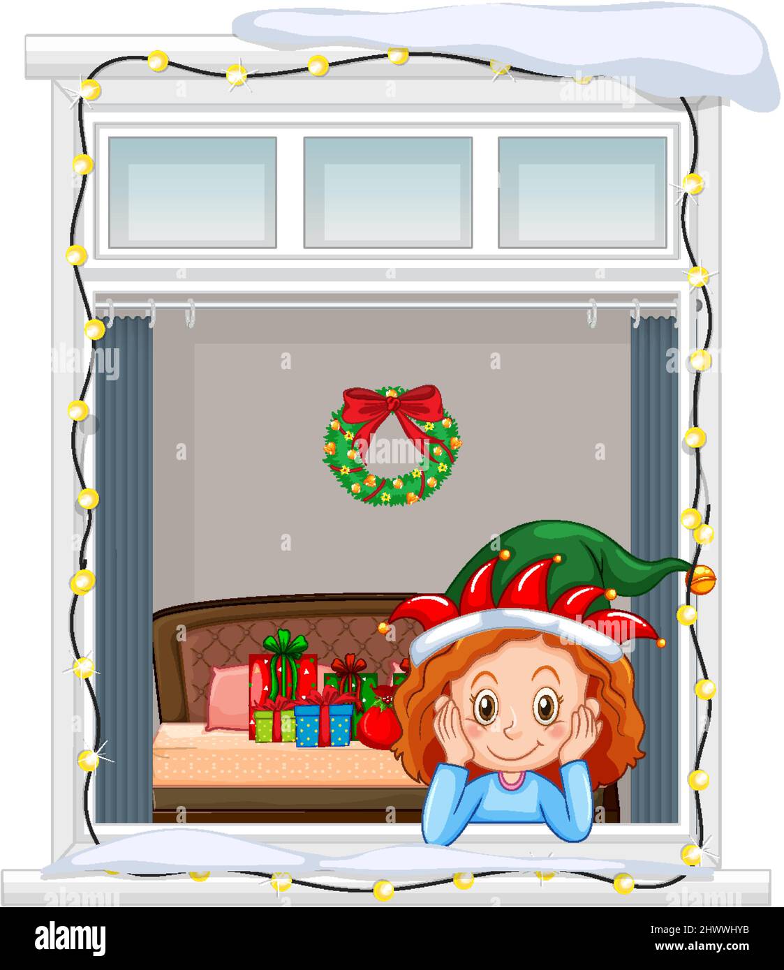 View through the window of cartoon character in Christmas theme ...