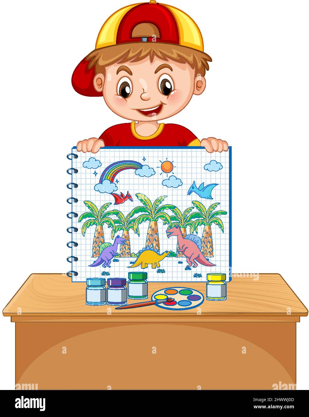 A boy holding notebook with a doodle sketch design on white background ...