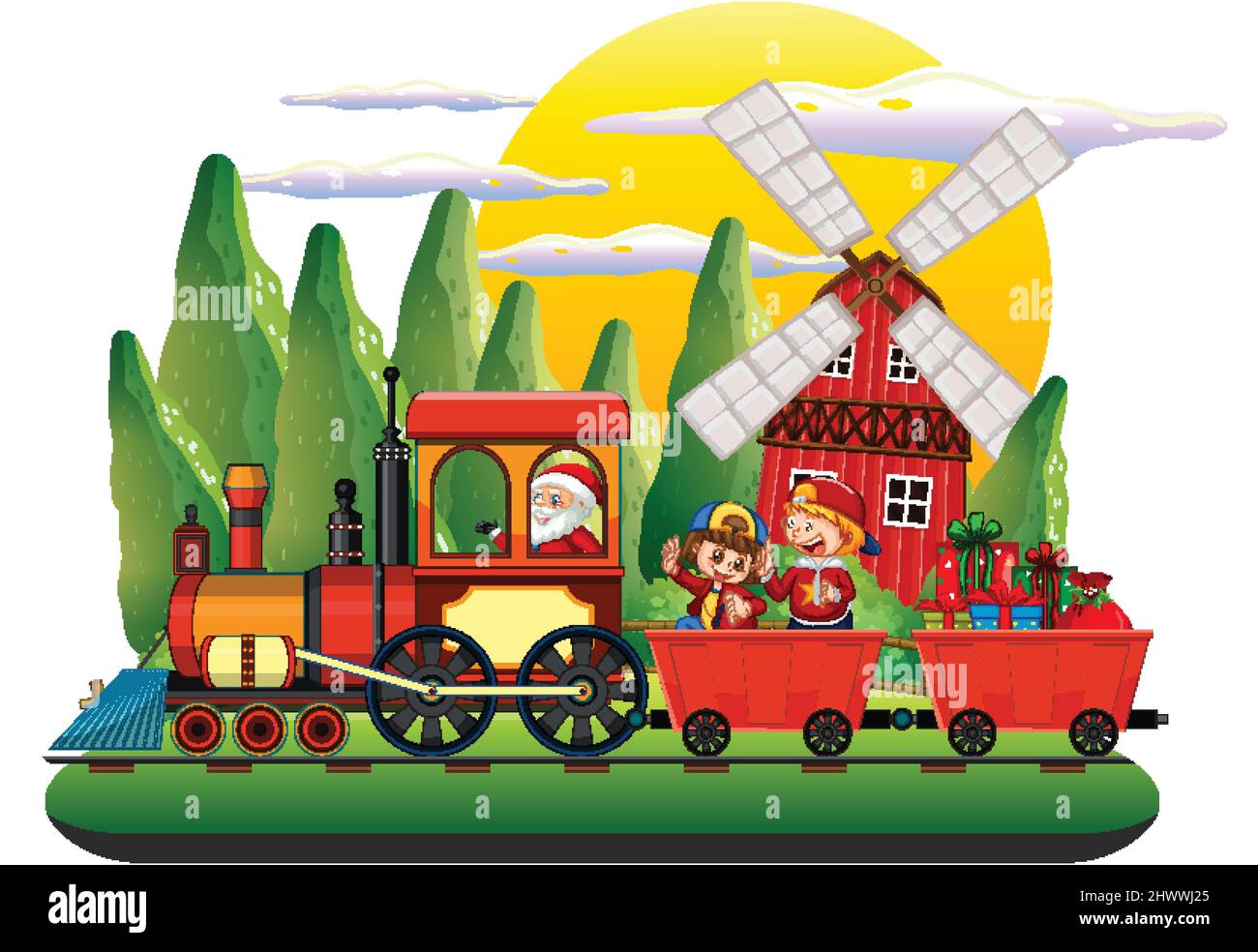 A kids in a train with natural scene farm scene illustration Stock ...