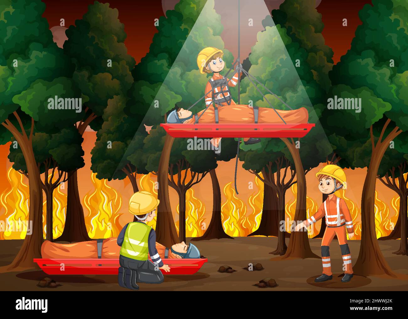 Wildfire scene with firerman rescue in cartoon style illustration Stock ...