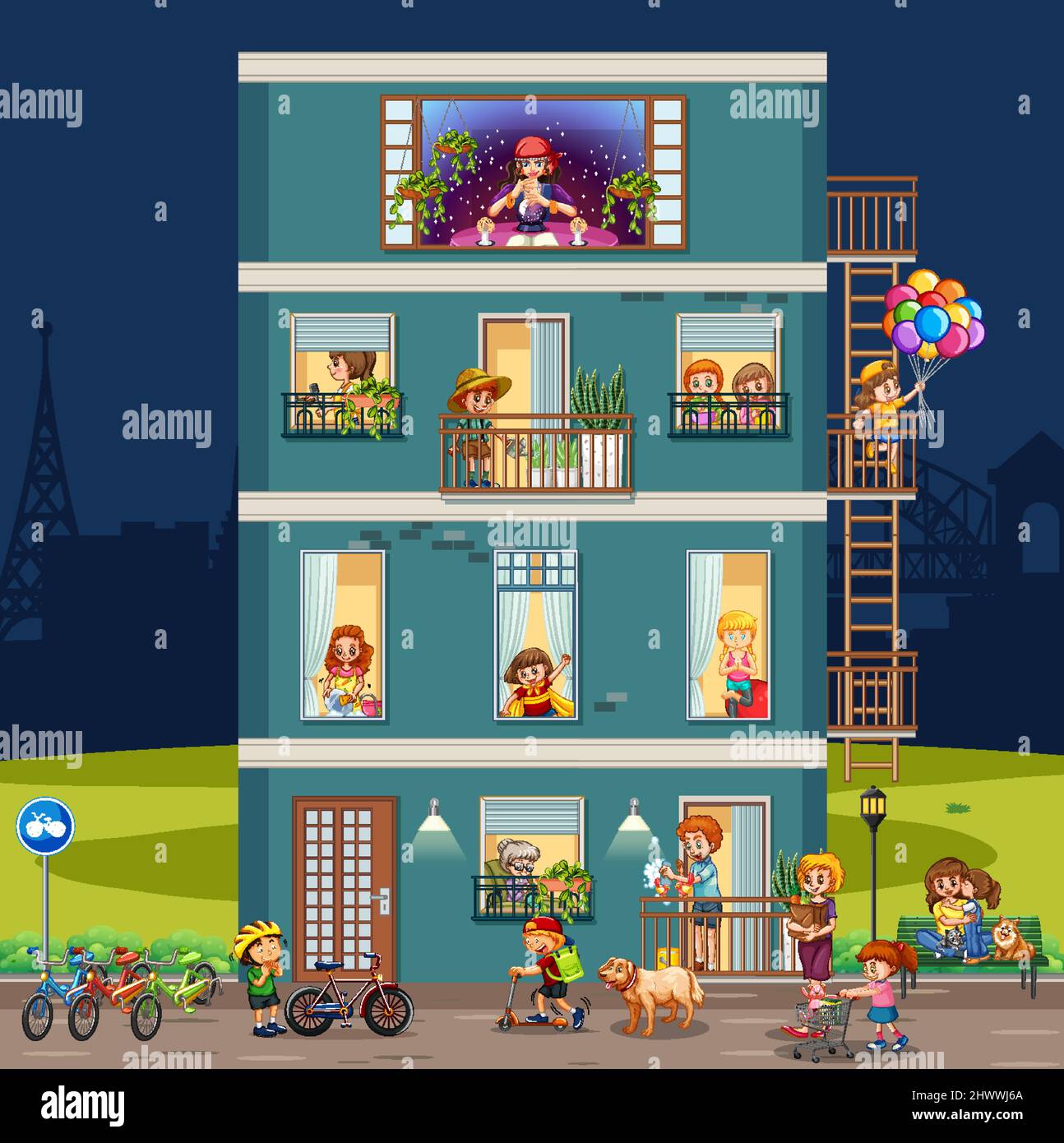 Apartment windows with neighbors cartoon character illustration Stock ...