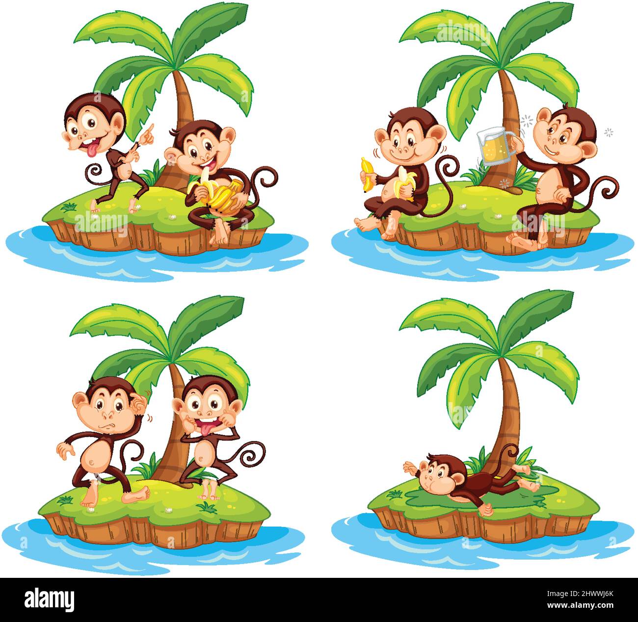 Set of different isolated islands with monkey cartoon characters ...