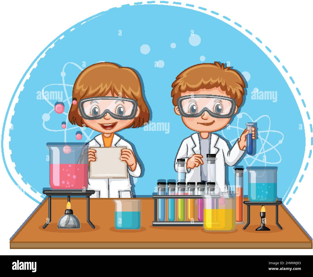 Scientist kids cartoon character with laboratory equipments ...