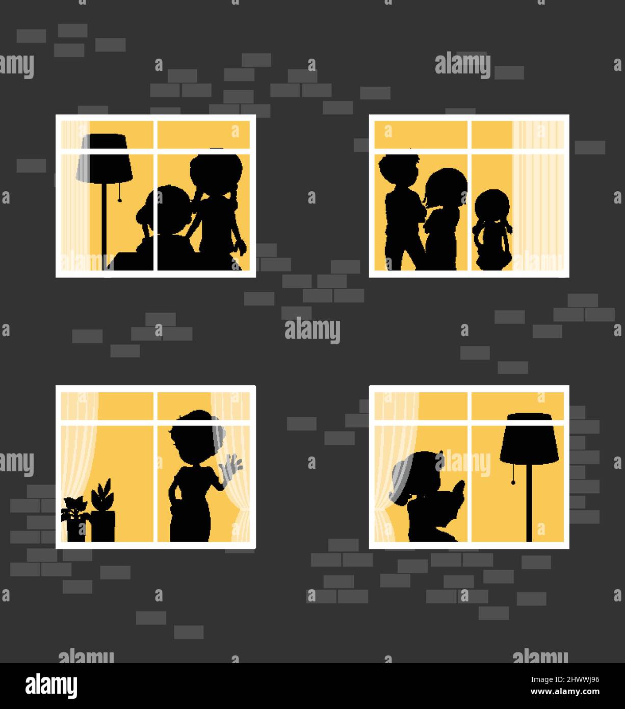 Night windows building with people silhouettes illustration Stock ...