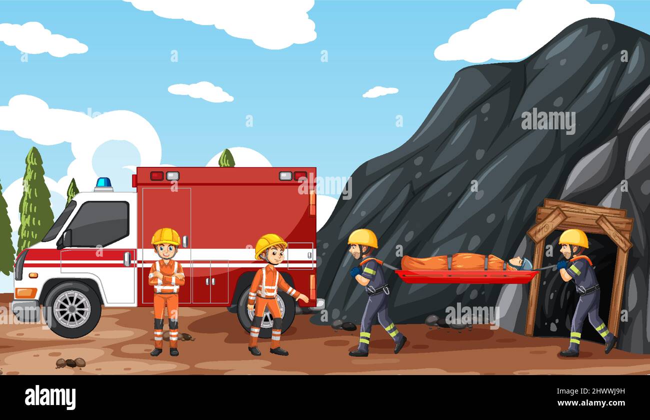 Cave scene with firerman rescue in cartoon style illustration Stock ...