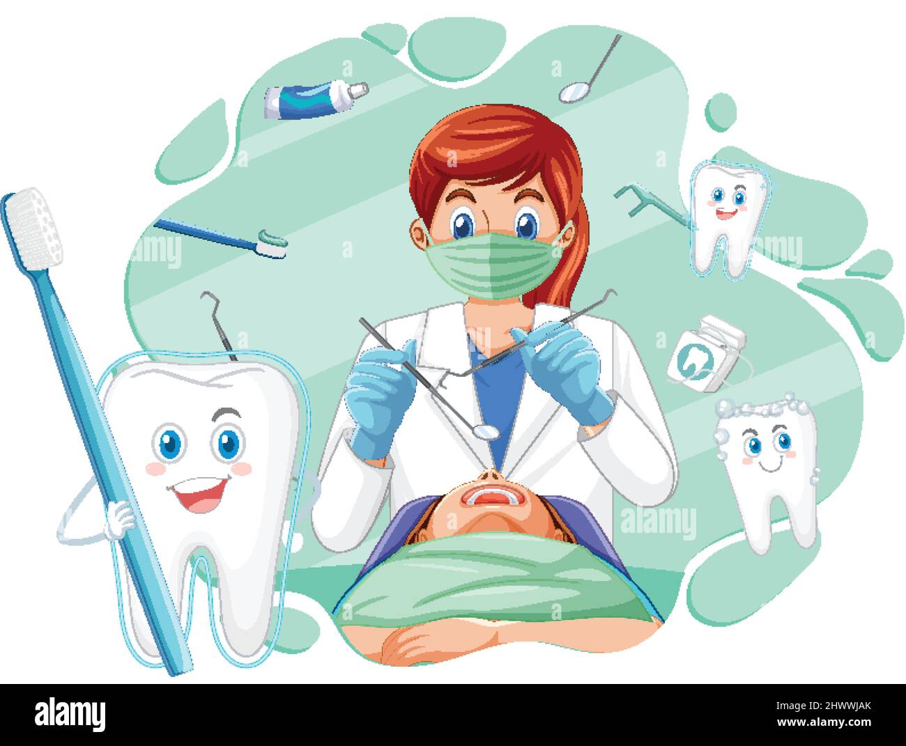 Dentist woman examining patient teeth on white background illustration ...