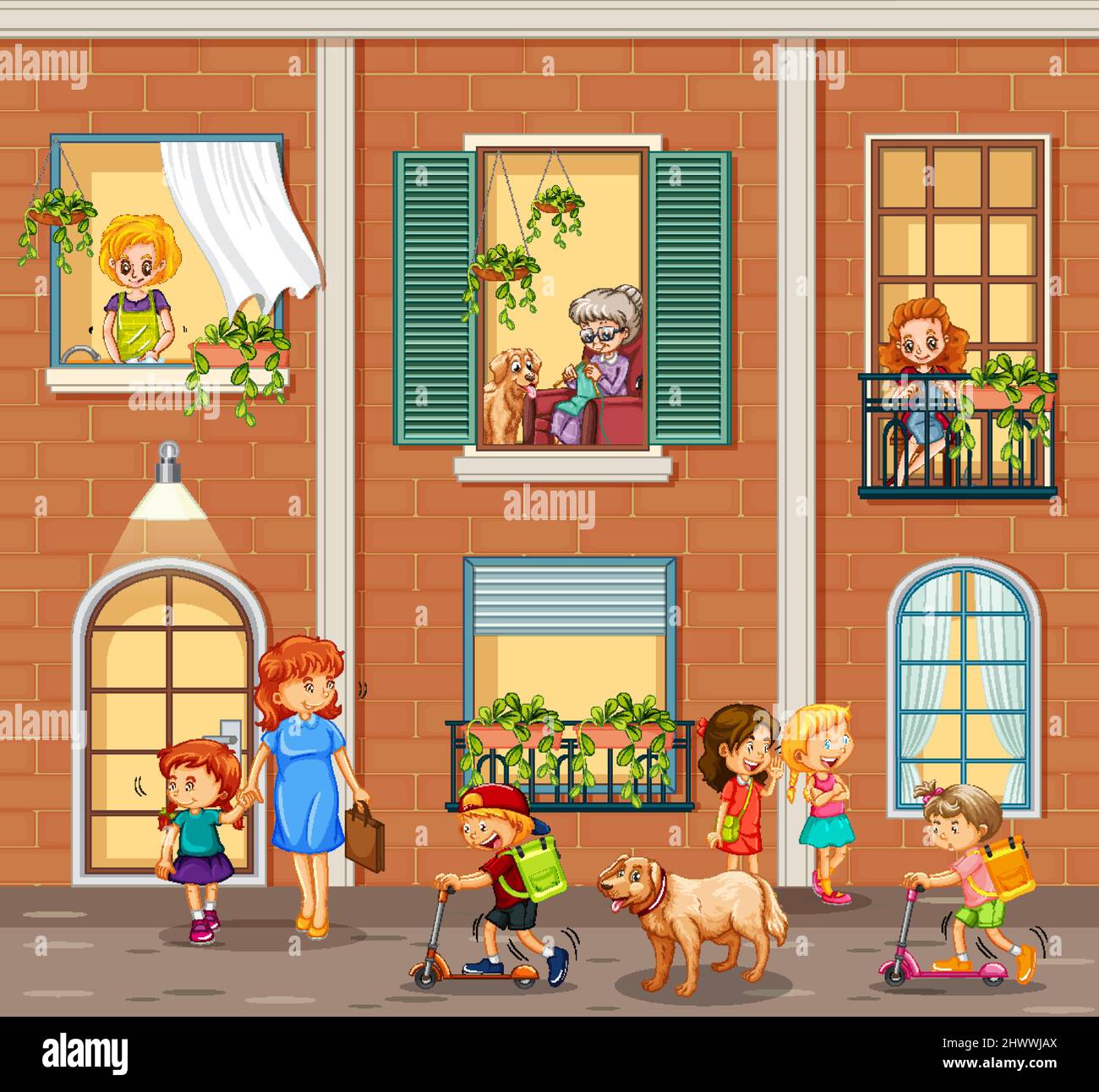 Apartment windows with neighbors cartoon character illustration Stock ...