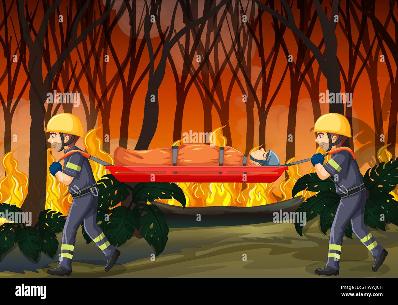 Wildfire scene with firerman rescue in cartoon style illustration Stock ...