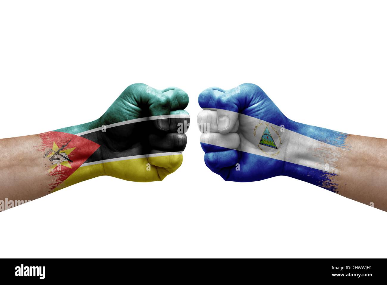 Two hands punch to each others on white background. Country flags ...