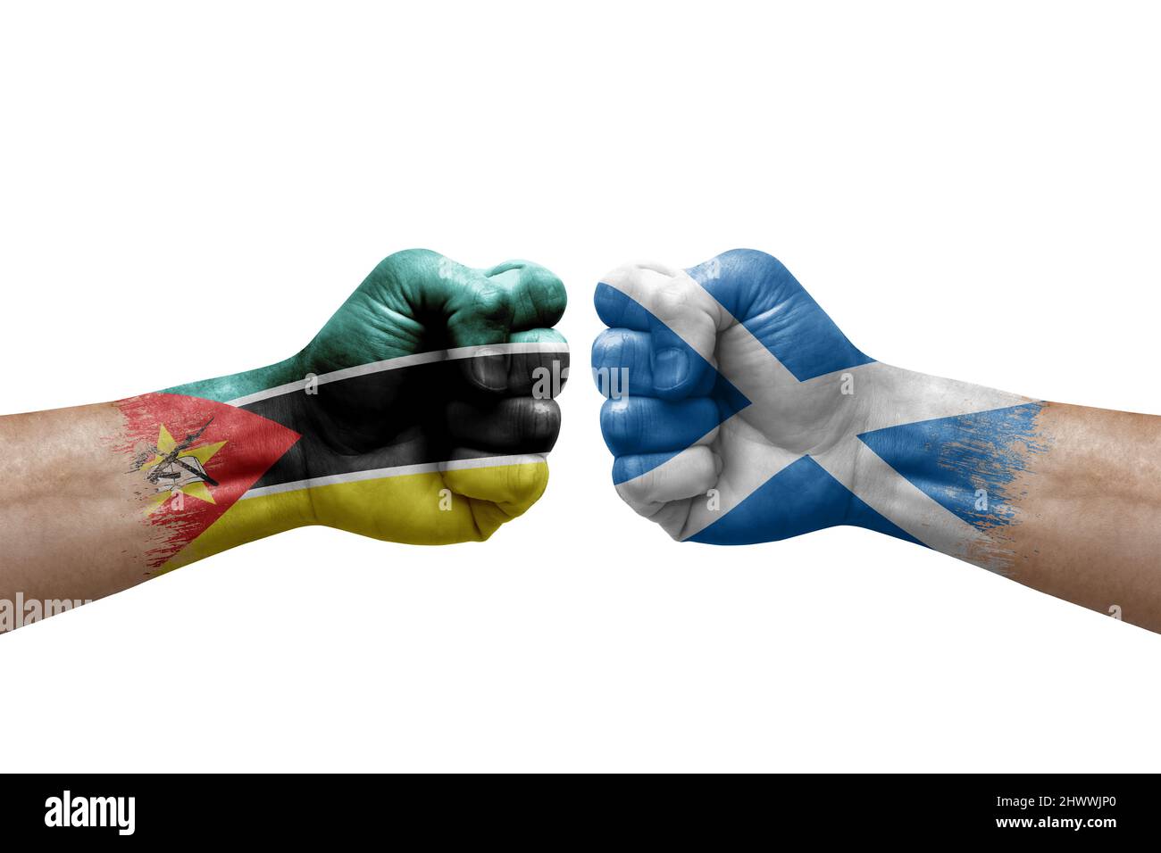Two hands punch to each others on white background. Country flags ...