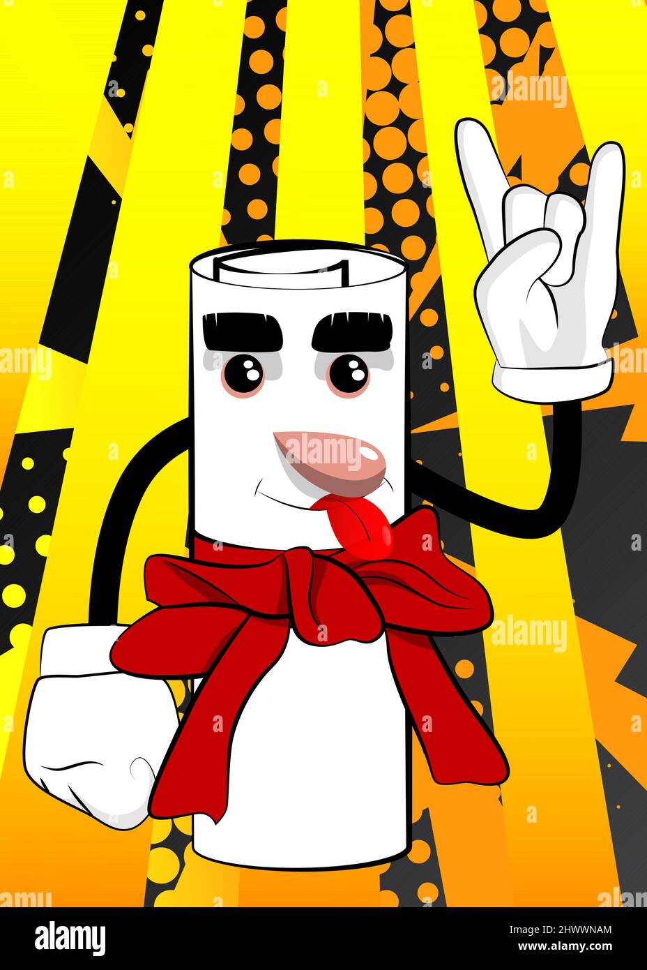 Rolled paper with red ribbon as a diploma with hands in rocker pose ...