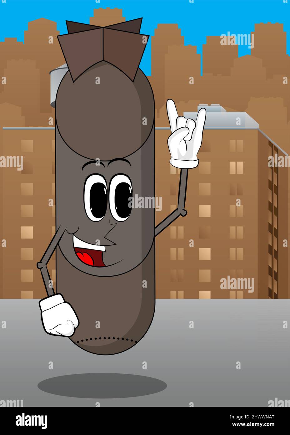 Bomb with hands in rocker pose. Missile, explosive as funny cartoon ...