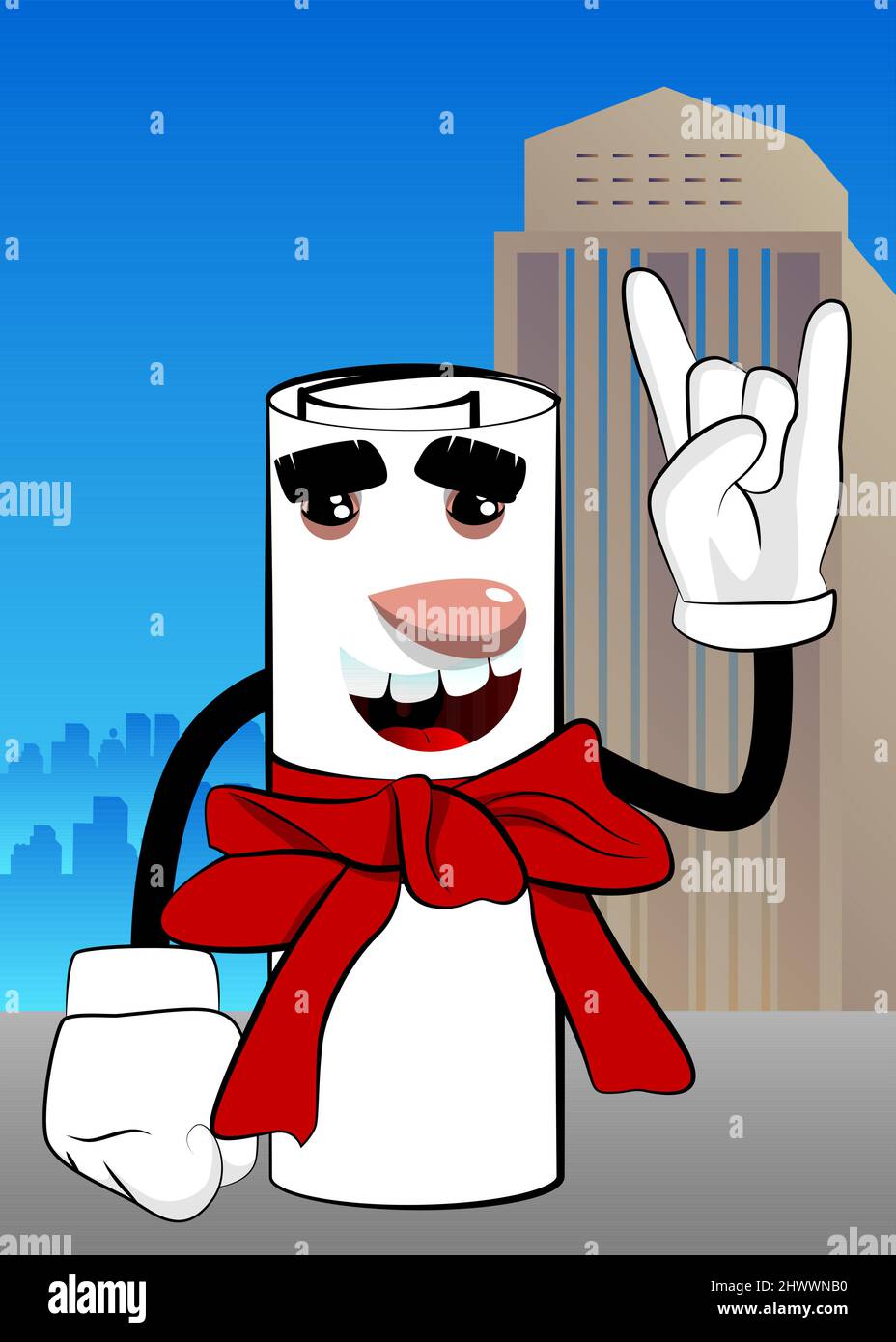 Rolled paper with red ribbon as a diploma with hands in rocker pose ...