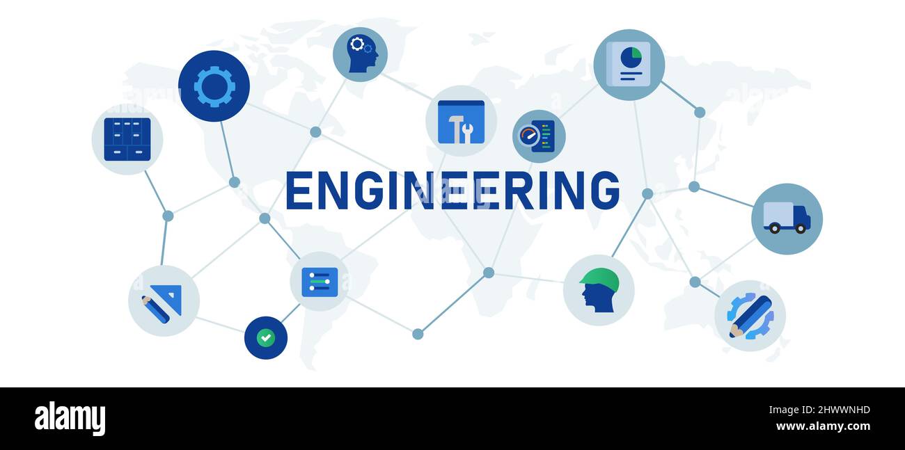 Engineering illustration concept web header icon set cogs wheel wrench ...
