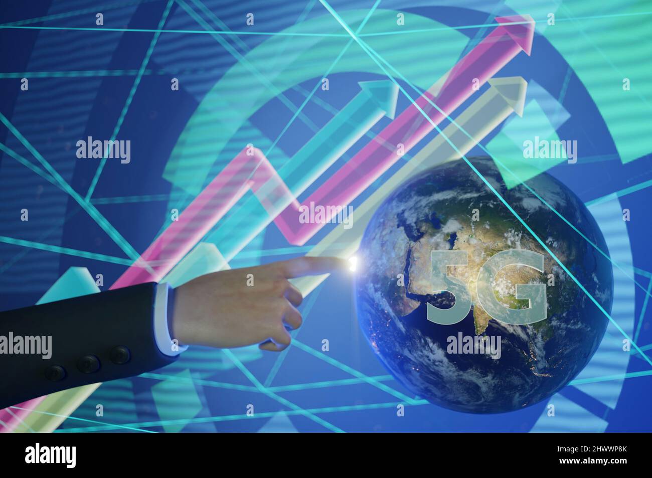 3d illustration . Businessman pointing finger to stock market finance graph chart exchange money ...