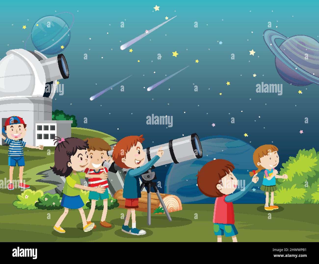 A Kids Looking at the planet with Telescope illustration Stock Vector ...