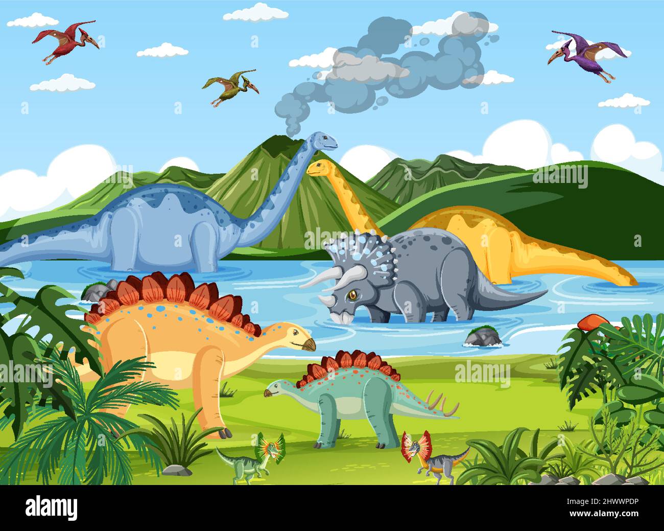 Dinosaur in prehistoric forest scene illustration Stock Vector Image ...