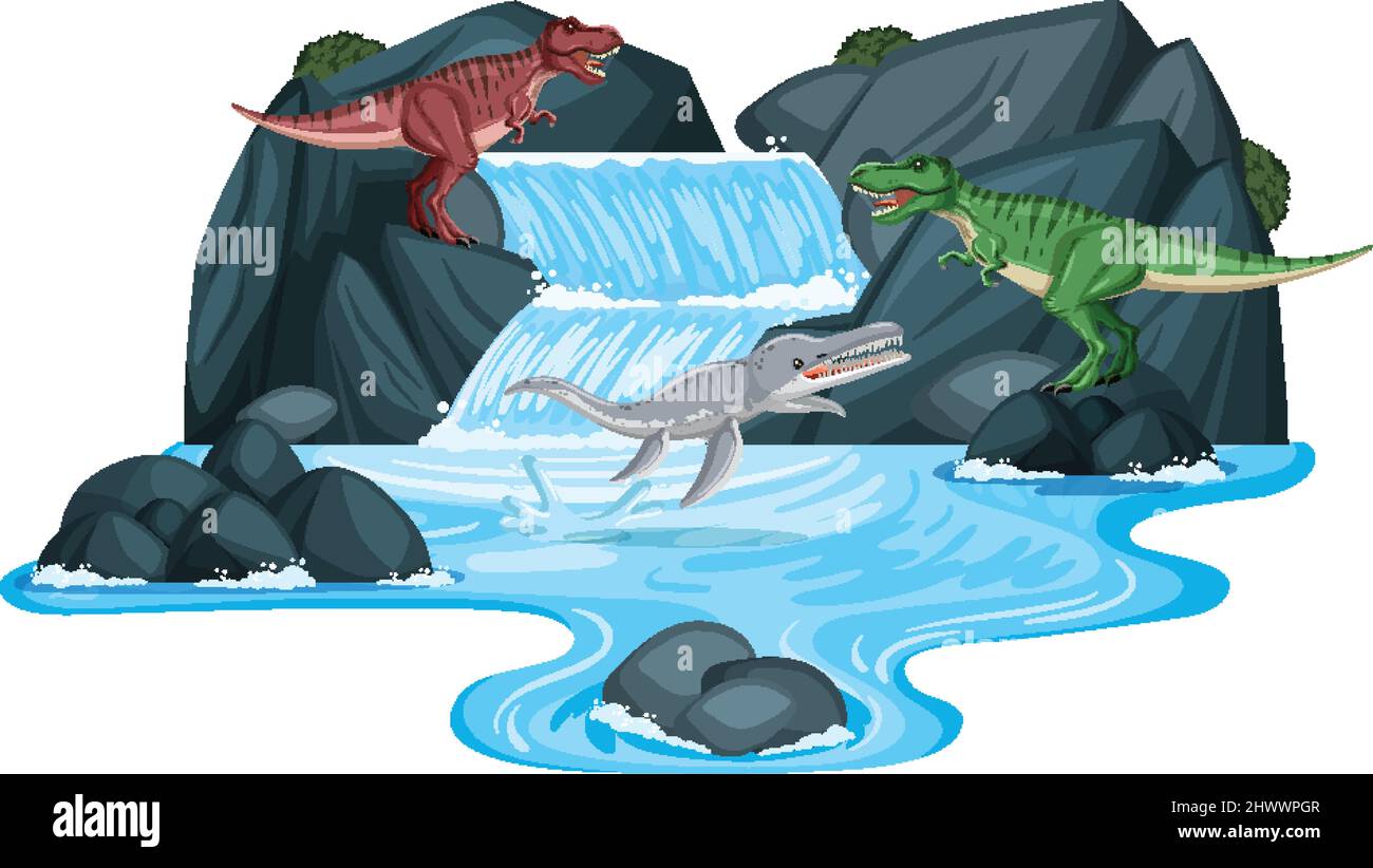 Scene with dinosaurs by the waterfall illustration Stock Vector Image ...