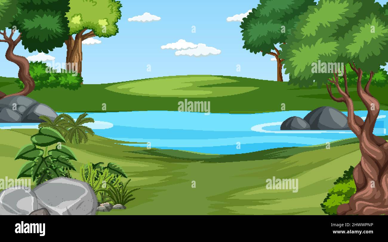 Nature scene with pond and trees illustration Stock Vector Image & Art ...