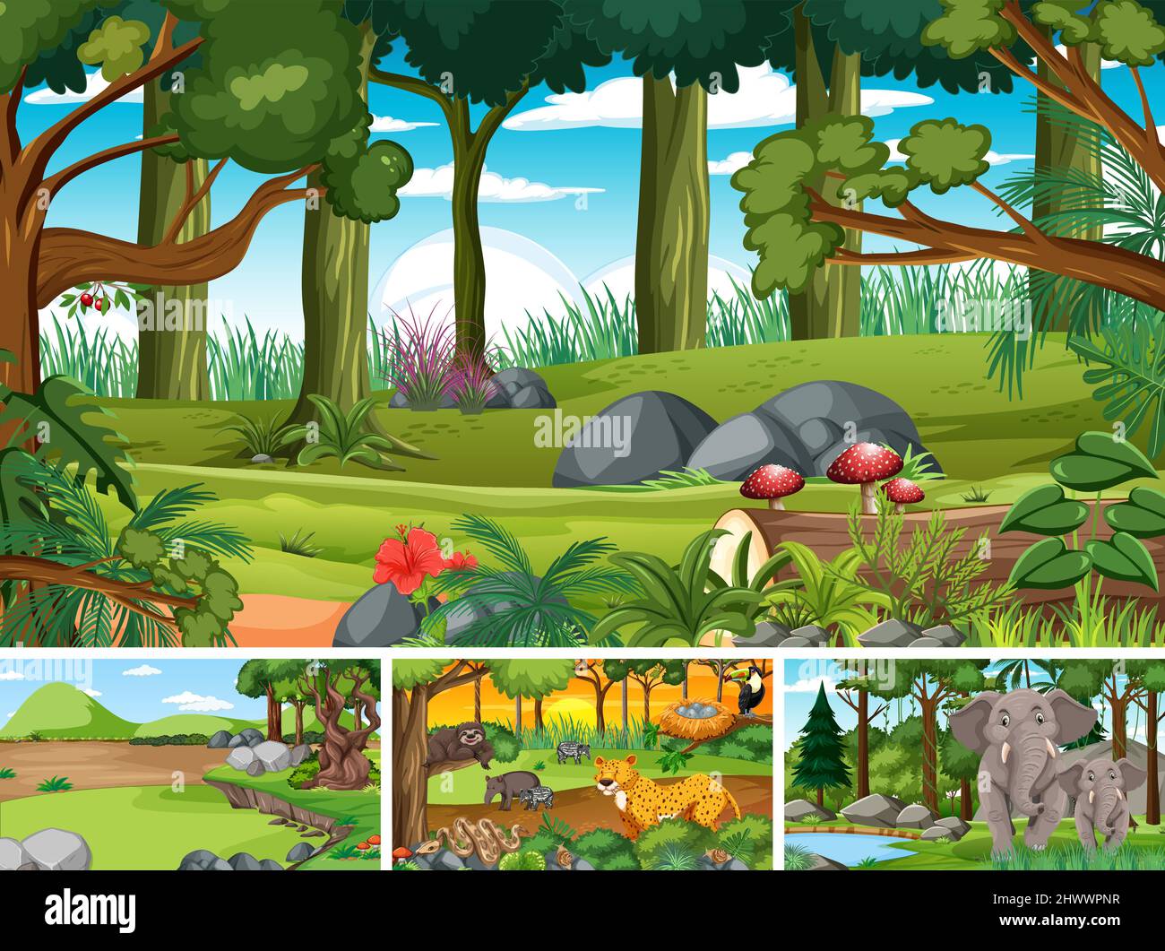 Four forest scenes with wild animals illustration Stock Vector Image ... Four forest scenes with wild animals illustration Stock Vector Image ...