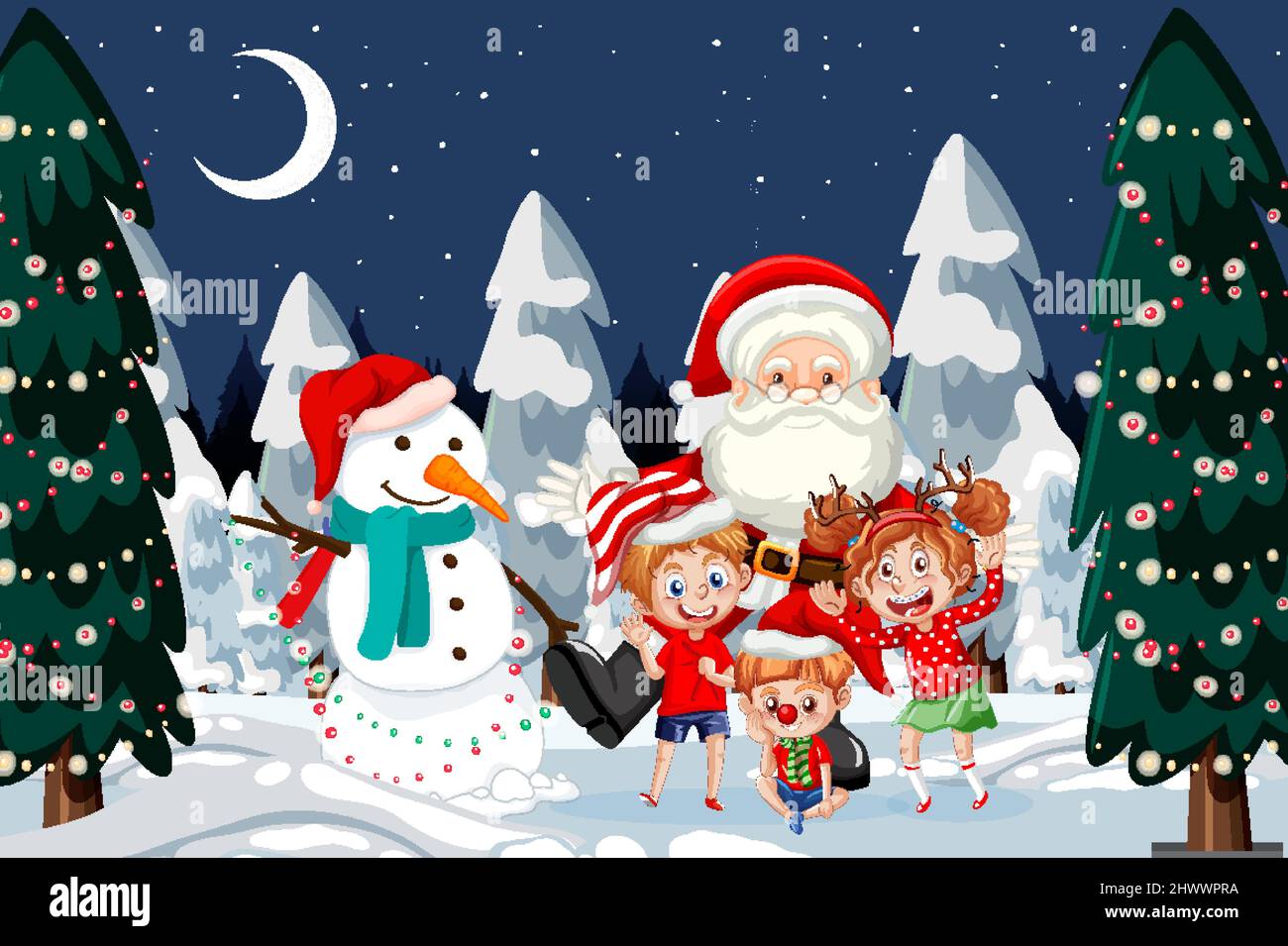 Santa and happy children in snowy night scene illustration Stock Vector ...