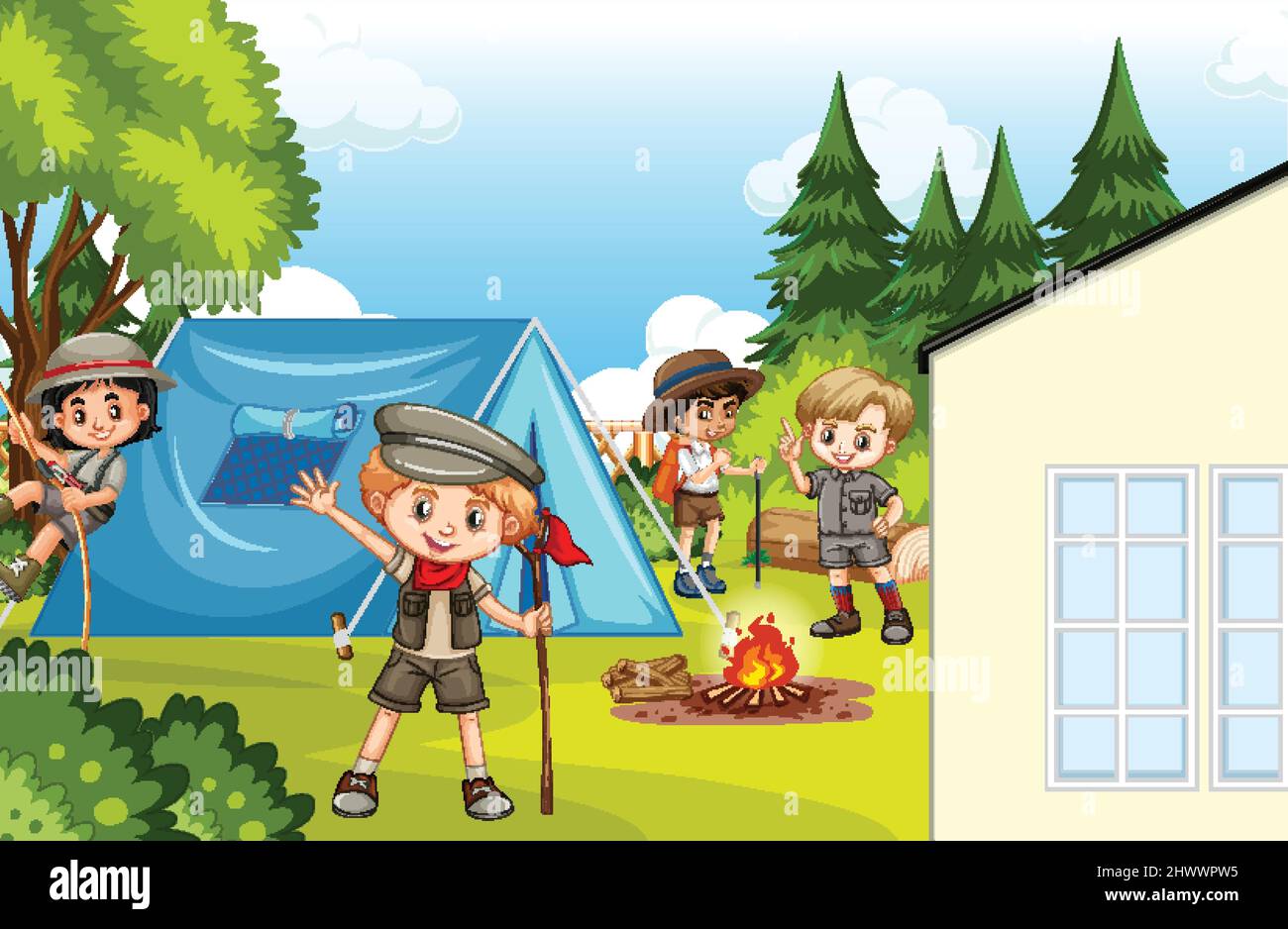 Scene of backyard and camp with kids and fence illustration Stock ...