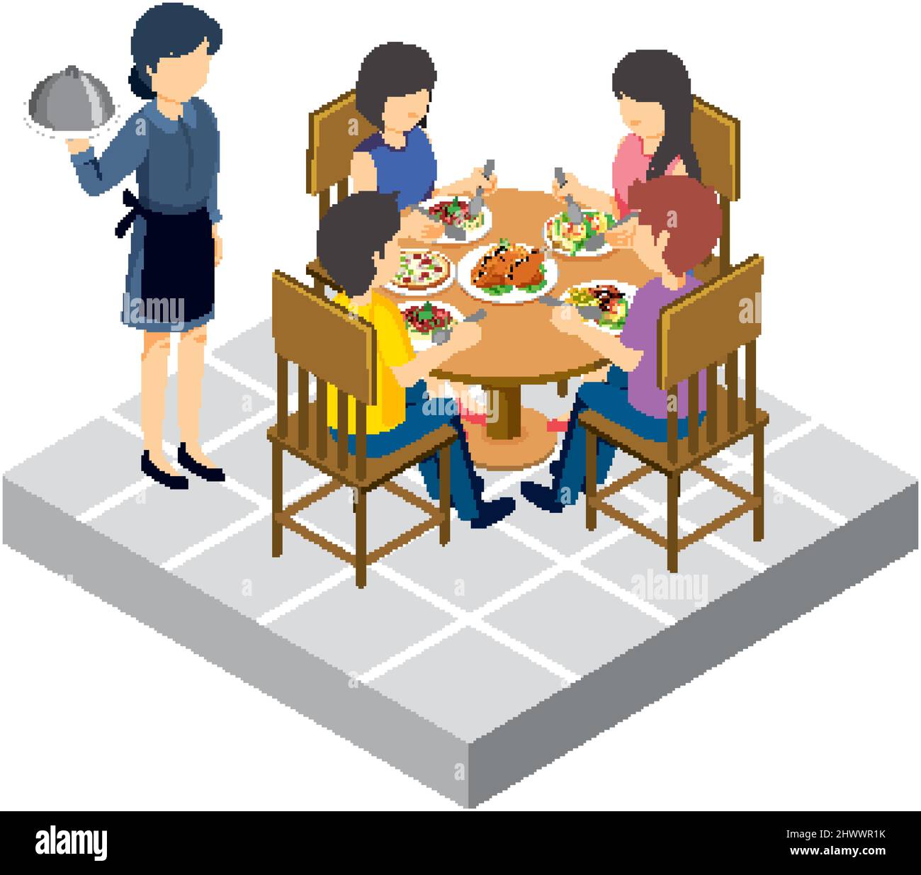 Family dining table with a waitress isometric illustration Stock Vector ...