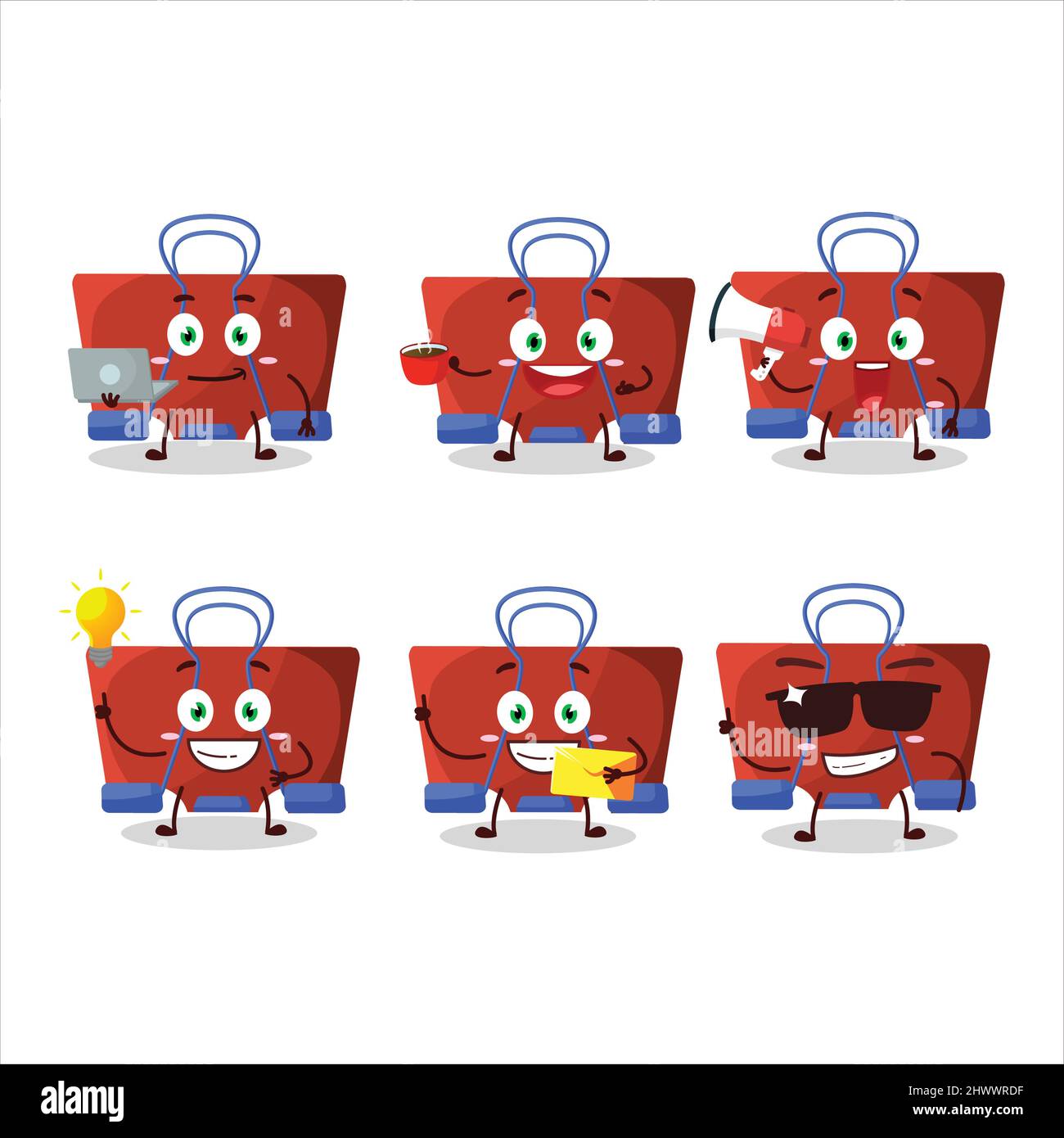 Red binder clip cartoon character with various types of business ...