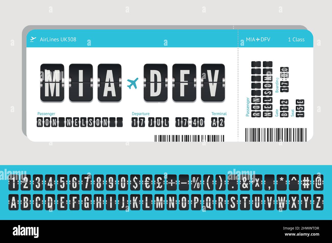 Flight ticket mock up with airport terminal board letters. Airplane ...