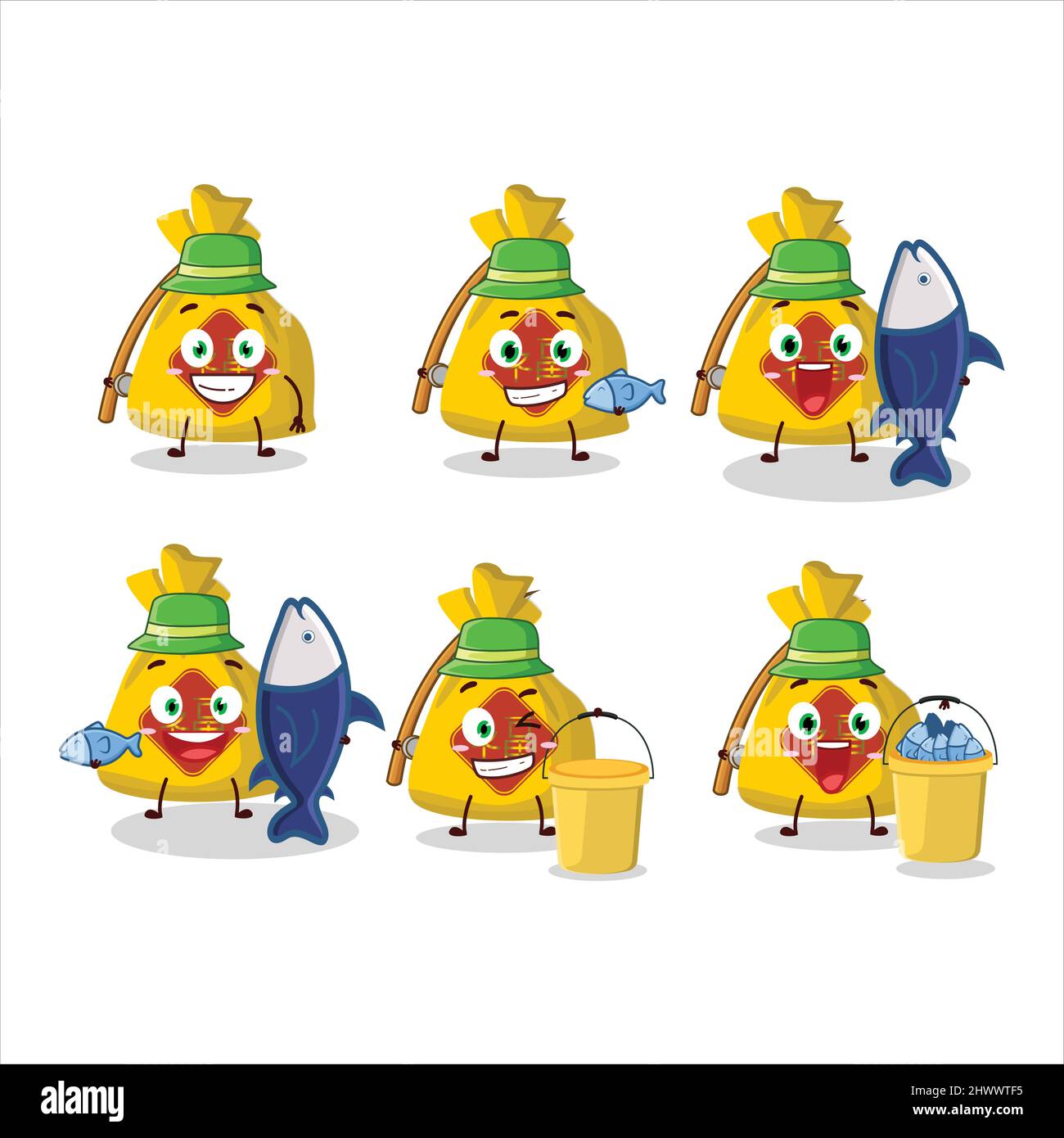A fisherman yellow bag chinese cartoon picture catch a big fish. Vector ...
