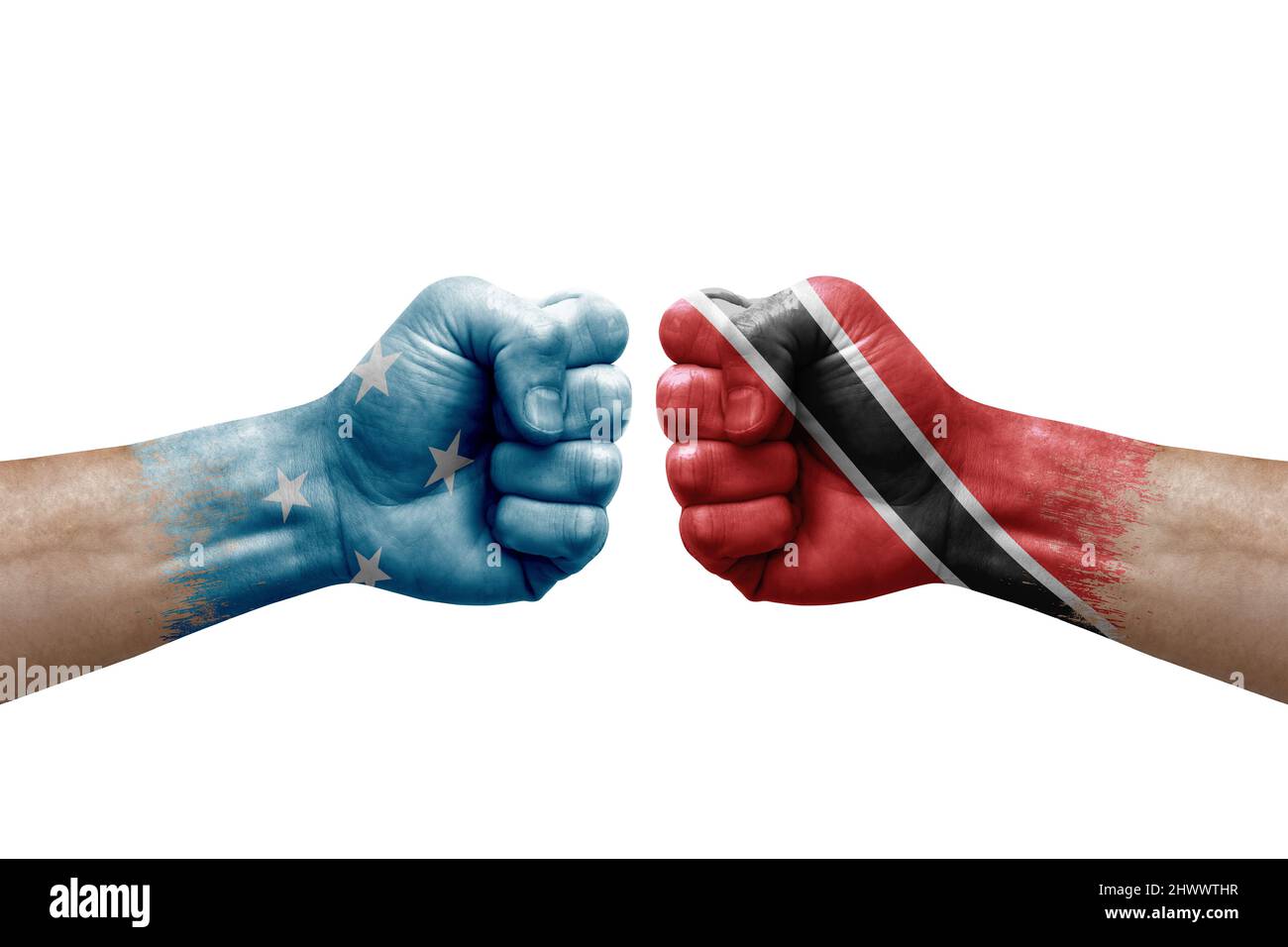 Two hands punch to each others on white background. Country flags ...
