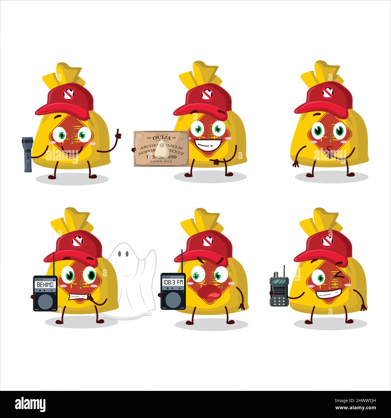 Ghost hunter cartoon yellow bag chinese character using camera. Vector ...