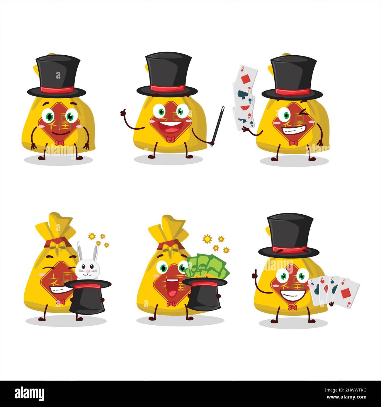 A yellow bag chinese Magician cartoon character perform on a stage ...