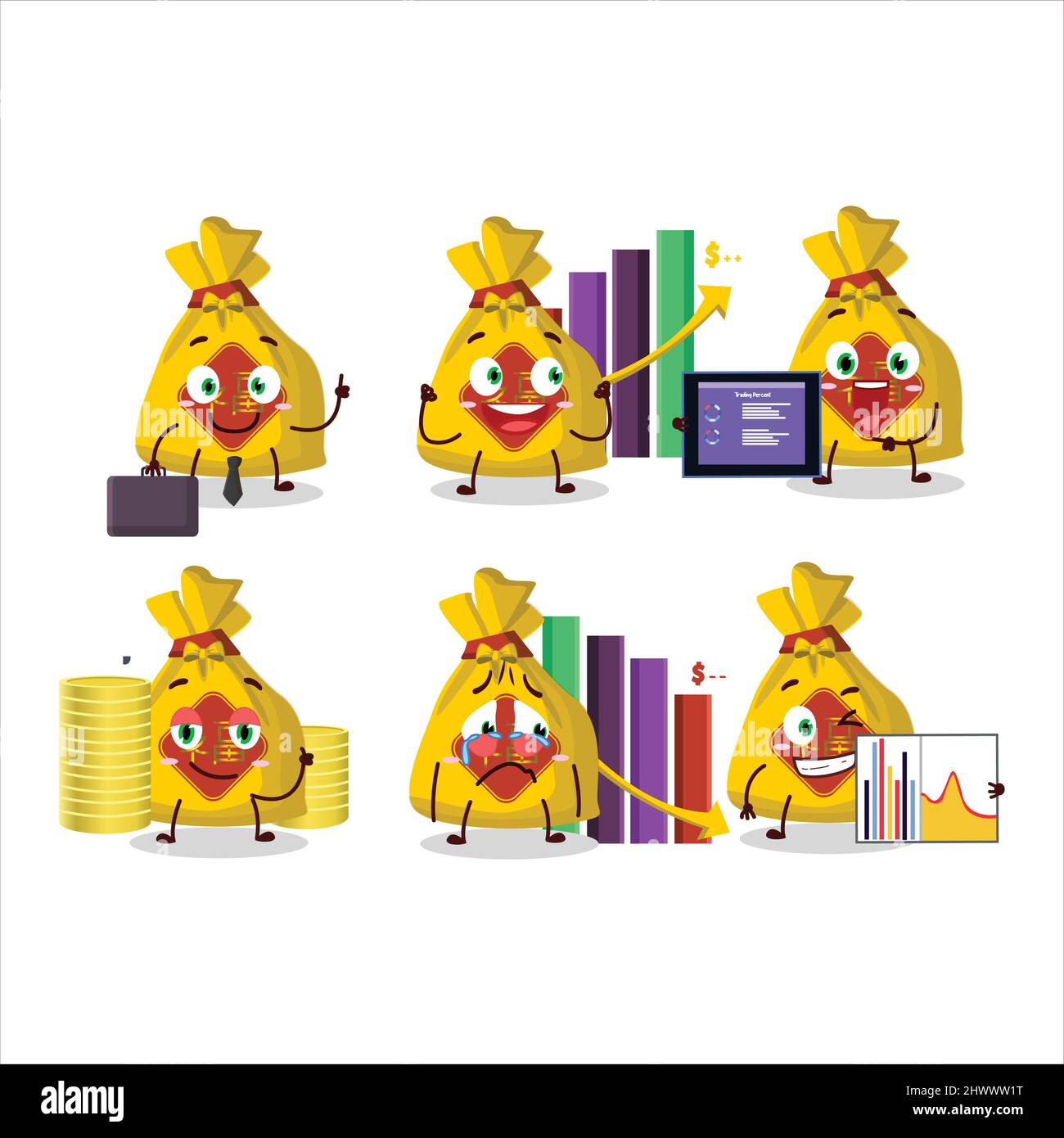 Yellow bag chinese character designs as a trader investment mascot ...