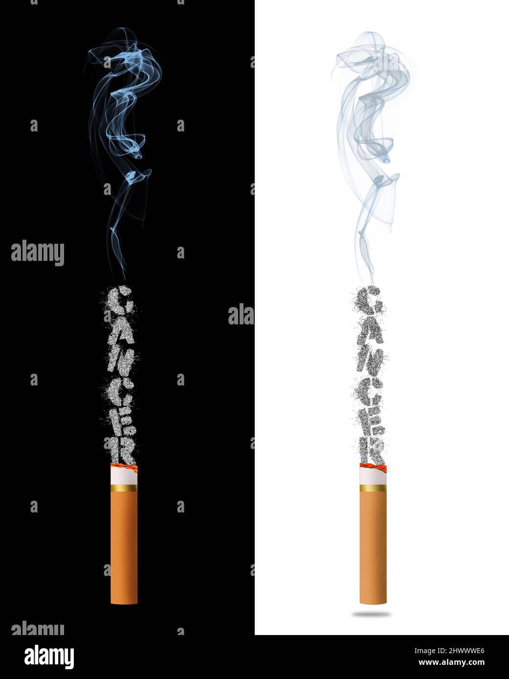 Ashes on a smoldering cigarette spell the word cancer. This is a 3-d ...
