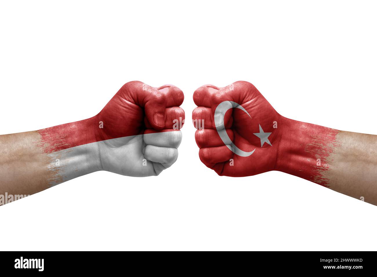 Two hands punch to each others on white background. Country flags ...