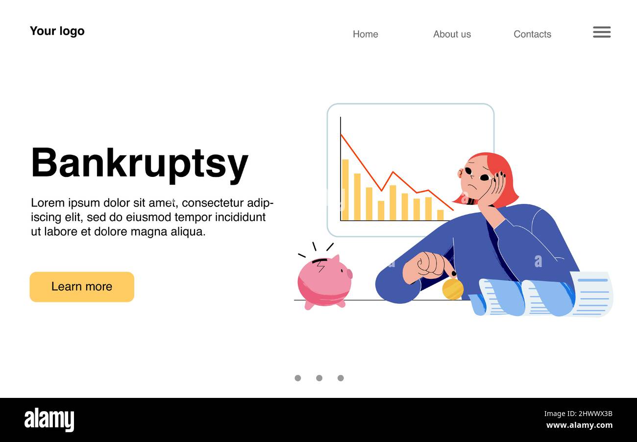 Bankruptcy, financial crisis landing page. Sad woman with coin and broken piggy bank at drop ...