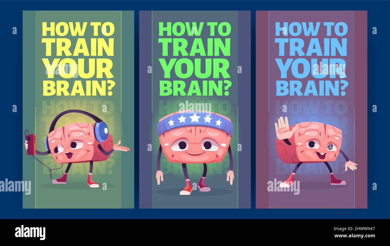How to train brain banners with cute sport character. Vector posters of ...