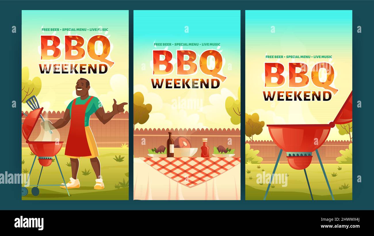 BBQ weekend banners with man cooks meat on grill. Vector posters of ...