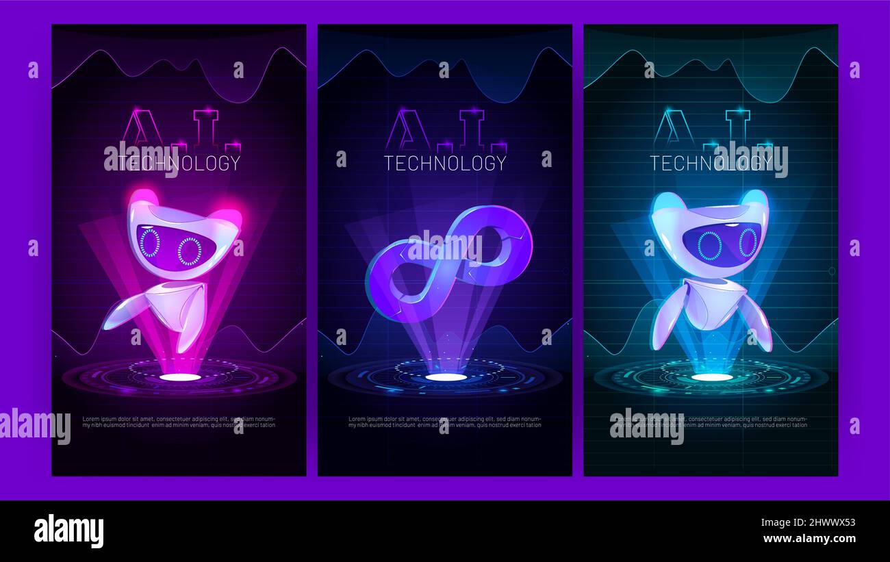 AI technology banners with cute robots and infinity symbol hologram ...
