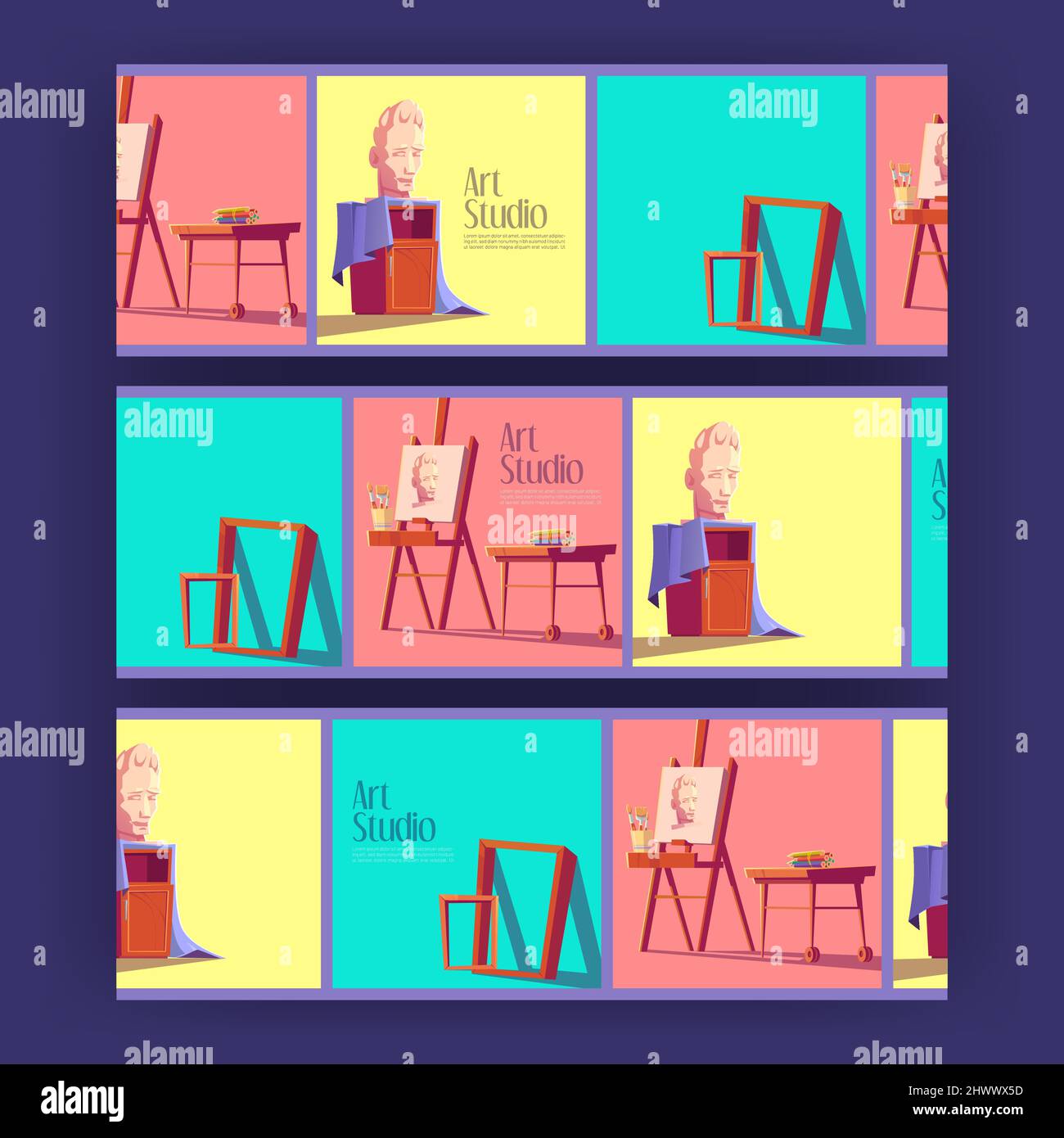 Art studio cartoon banners with artist stuff canvas on easel, plaster ...