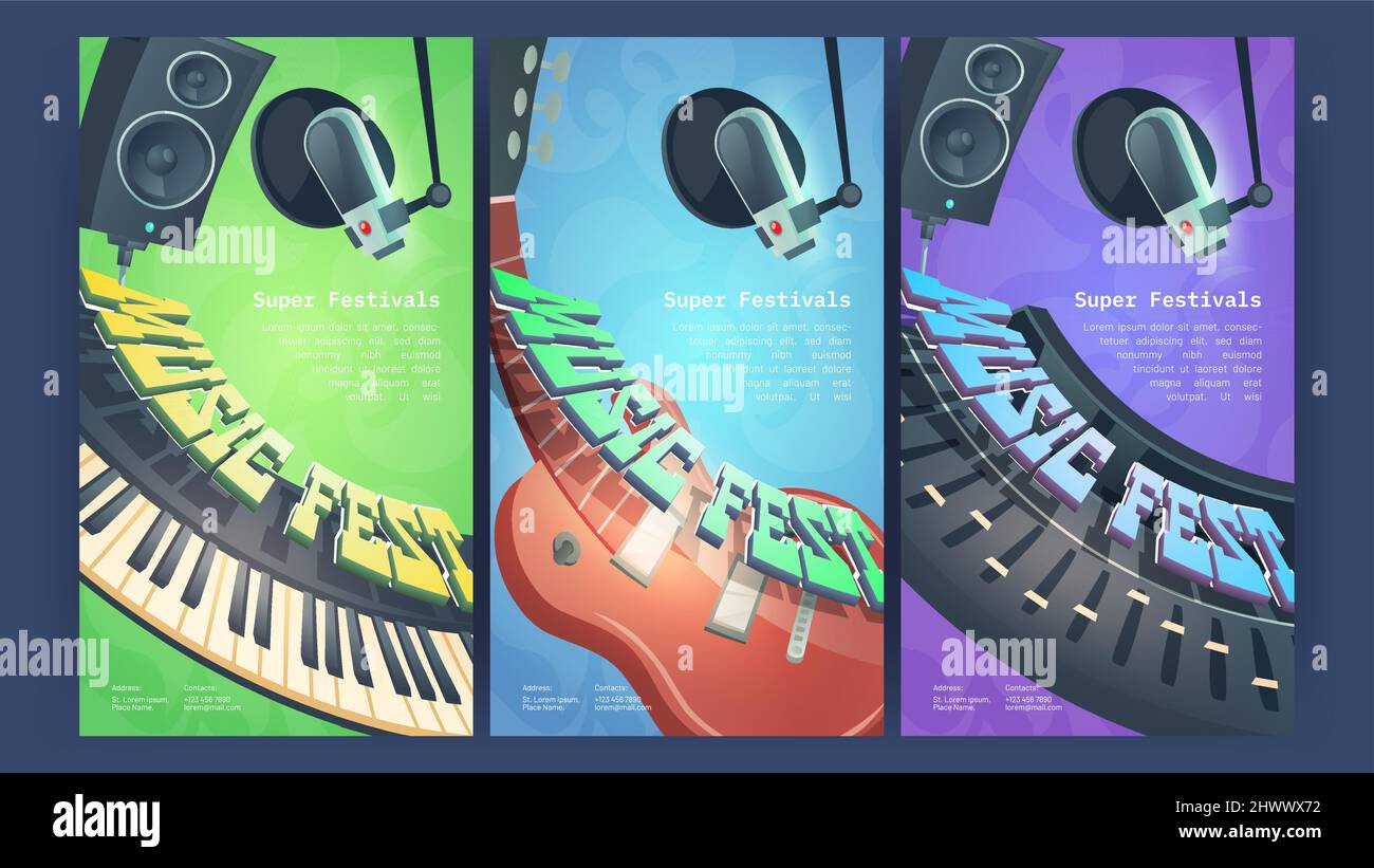 Music fest cartoon posters with electric guitar, synthesizer, dynamics ...