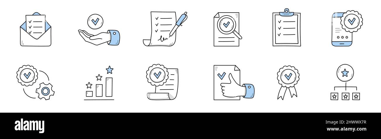 Quality control icons. Doodle symbols of product guarantee, compliance ...
