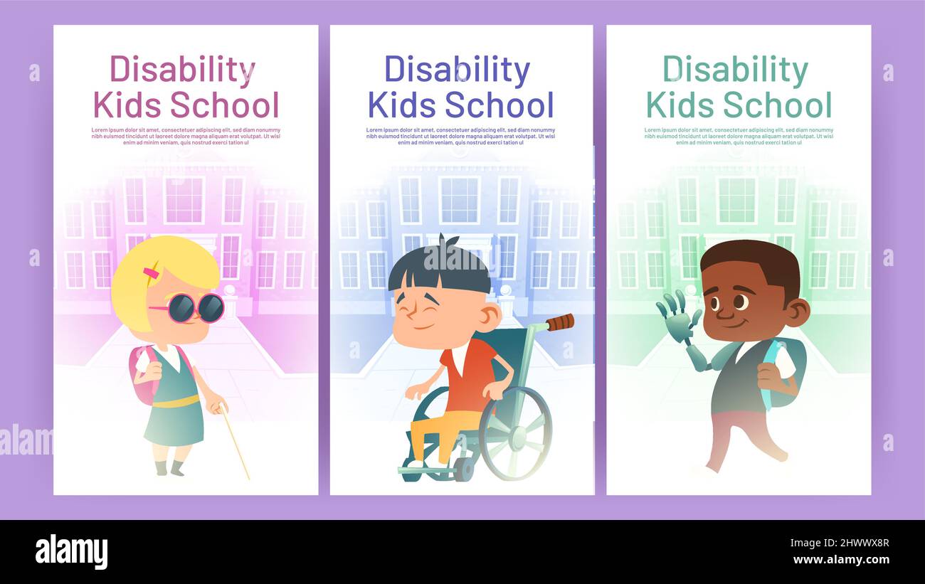 Disability kids school cartoon posters with multiracial handicapped ...