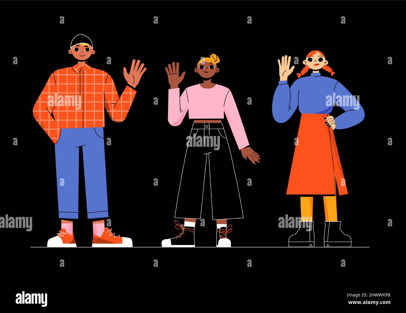 Diverse people waving hands, multinational happy young male and female ...